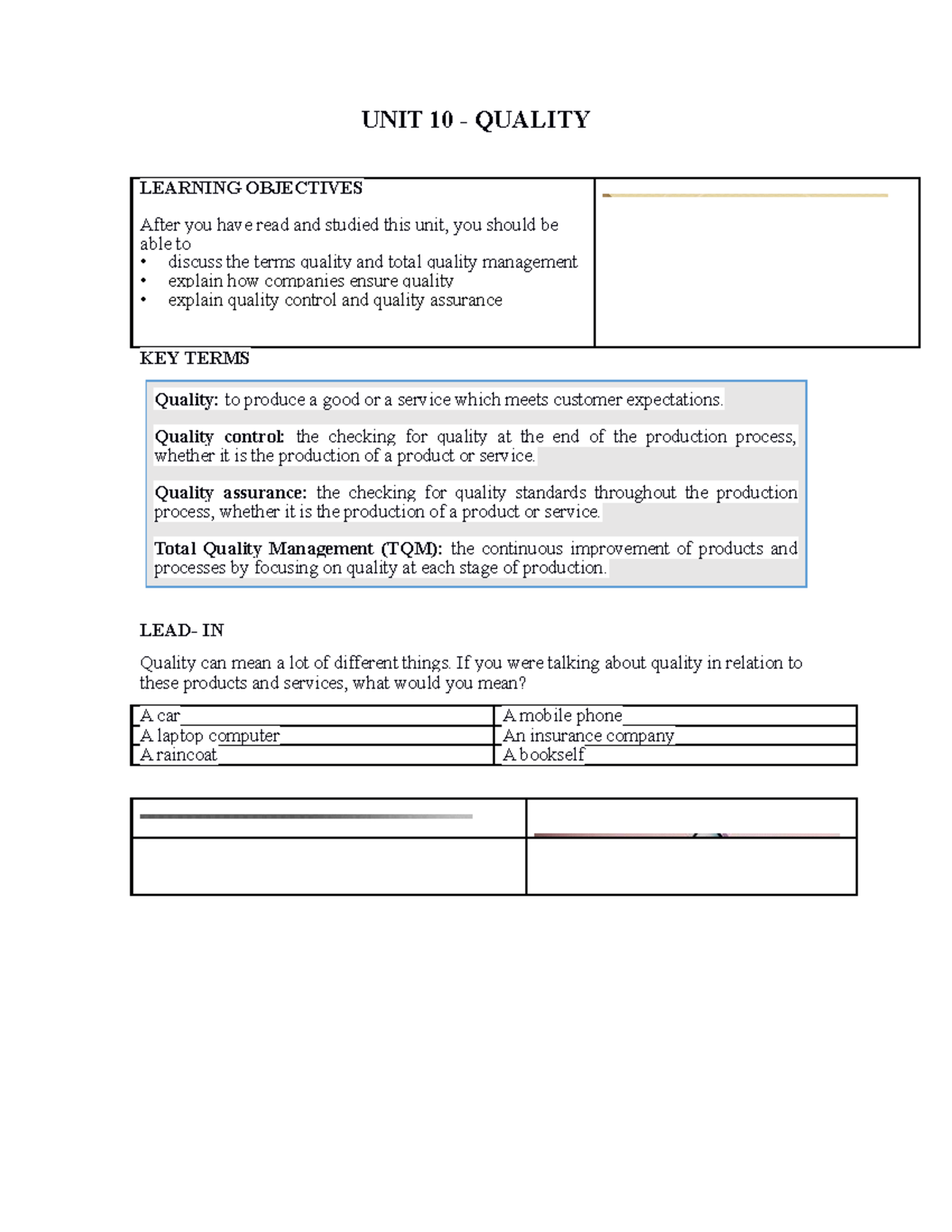 Unit 4 - Quality - UNIT 10 - QUALITY LEARNING OBJECTIVES After you have read and studied this ...