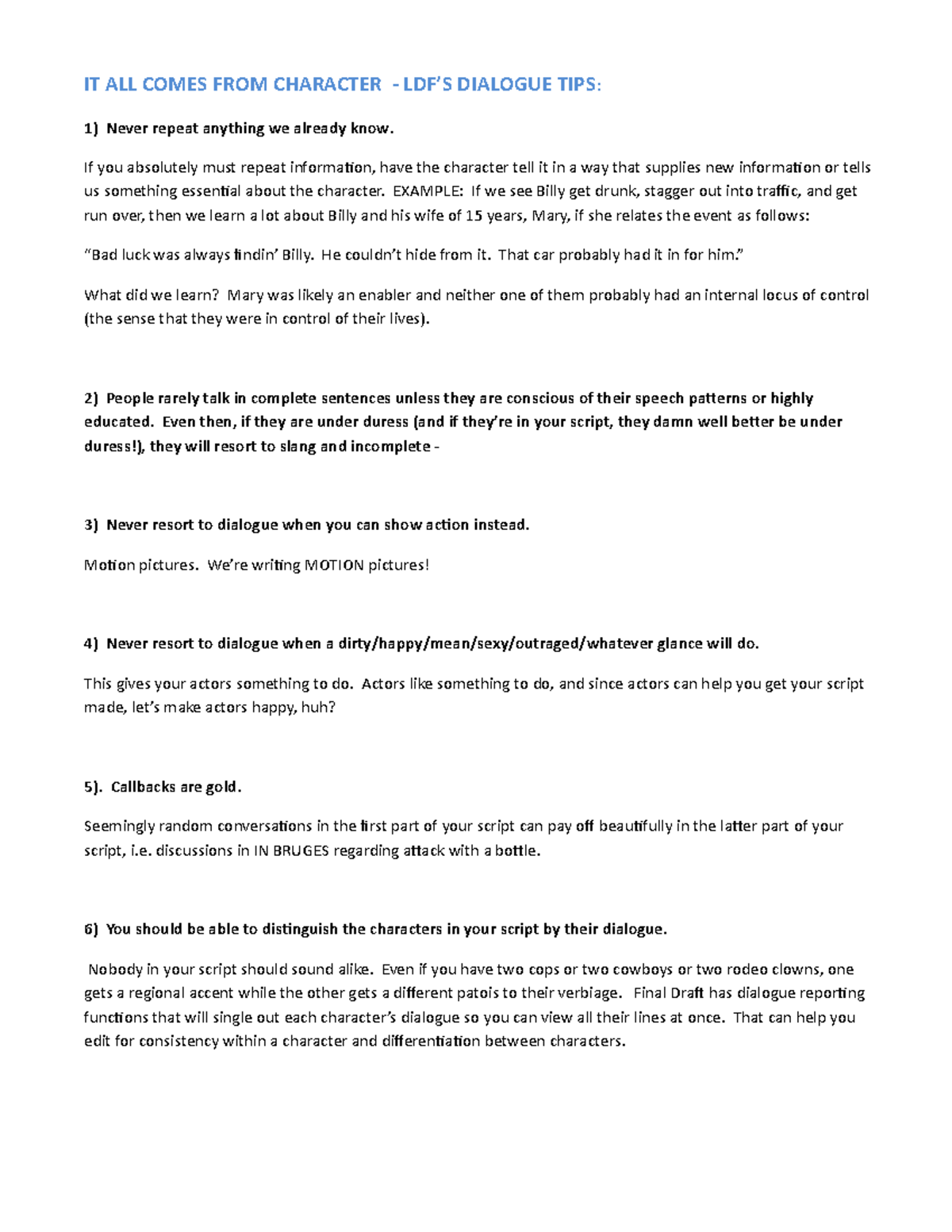 Notes ON Dialogue - IT ALL COMES FROM CHARACTER - LDF’S DIALOGUE TIPS ...