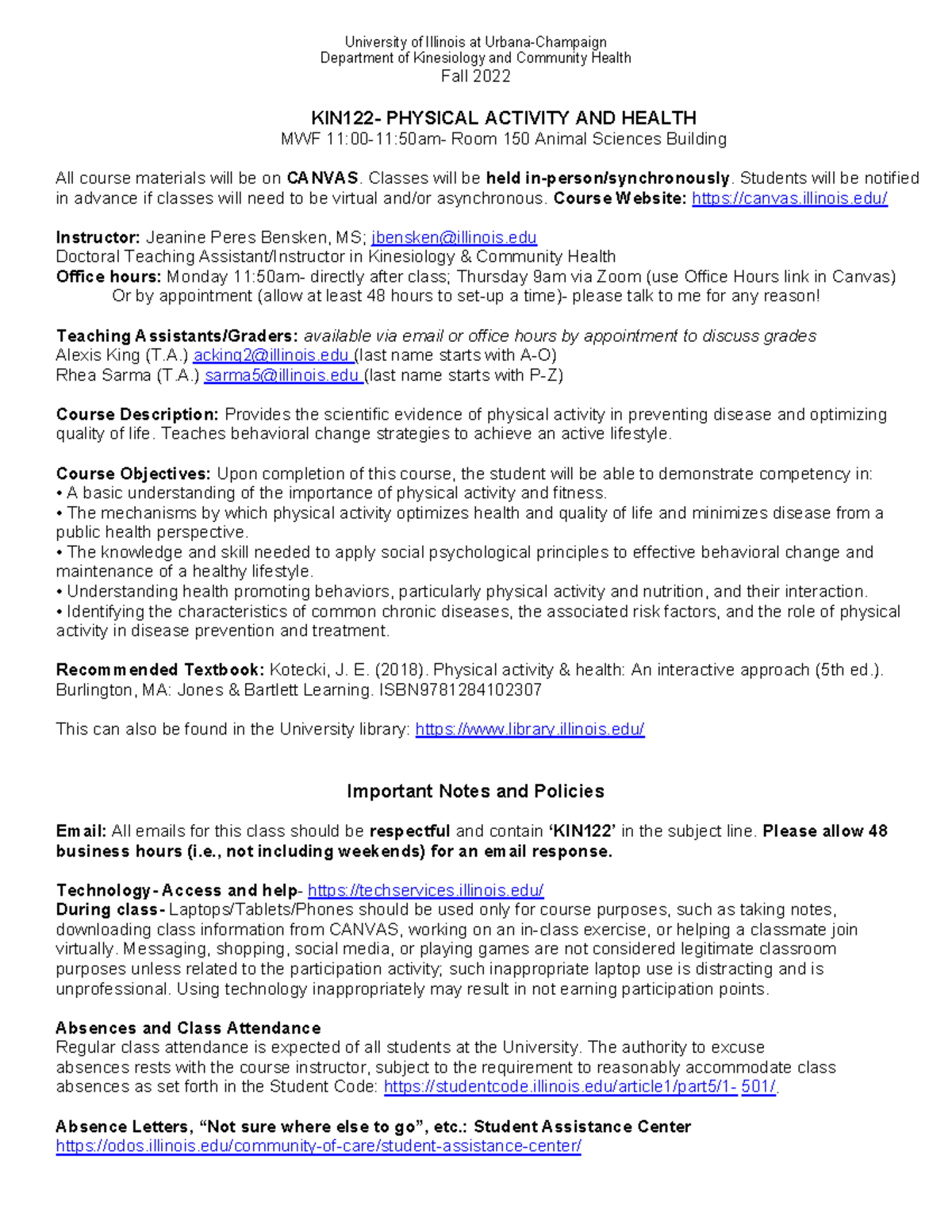 KIN122 Syllabus-Fall2022-Bensken-Final-8 - University of Illinois at ...