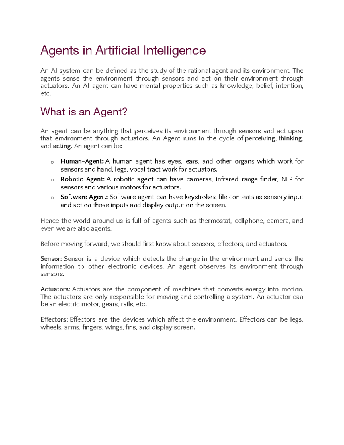 Agents in Artificial Intelligence - The agents sense the environment ...
