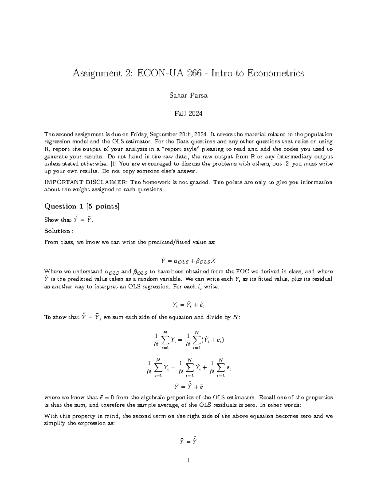 Assignment 2Sol - solutions - Assignment 2: ECON-UA 266 - Intro to Econometrics Sahar Parsa Fall ...