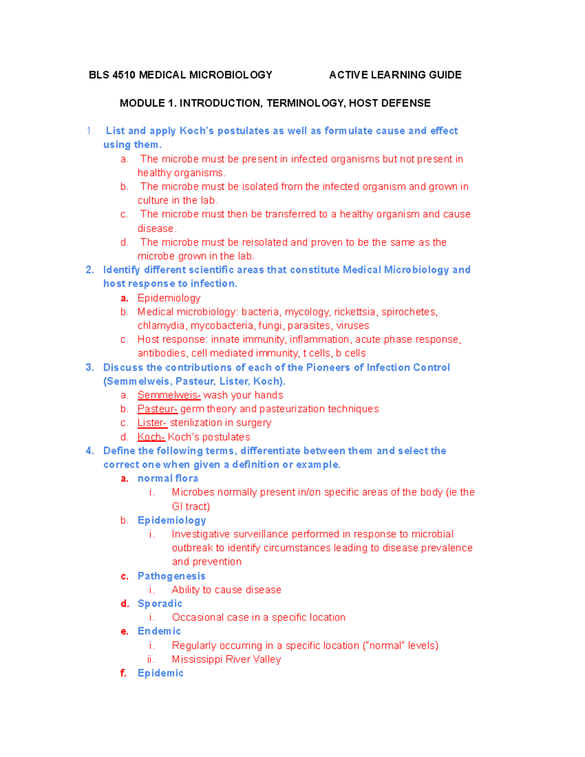 Micro Learning Guide 1 - BLS 4510 MEDICAL MICROBIOLOGY ACTIVE LEARNING ...