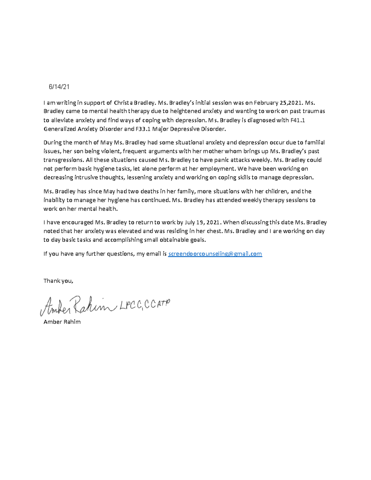 Christa B letter - very high score on this - I am writing in support of ...