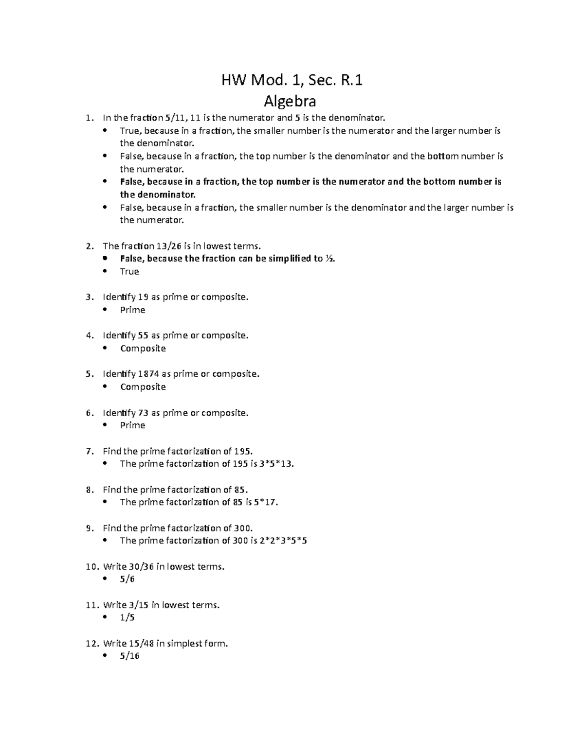 Module 1 Section R - homework - HW Mod. 1, Sec. R. Algebra In the fraction 5/11, 11 is the ...