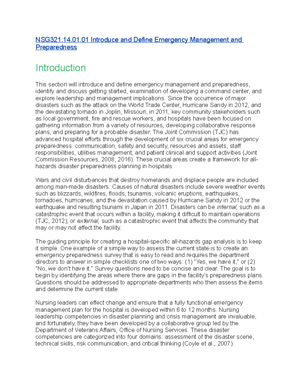 Module 14 Emergency Management and Preparedness - NSG321.14.01 Introduce and Define Emergency ...