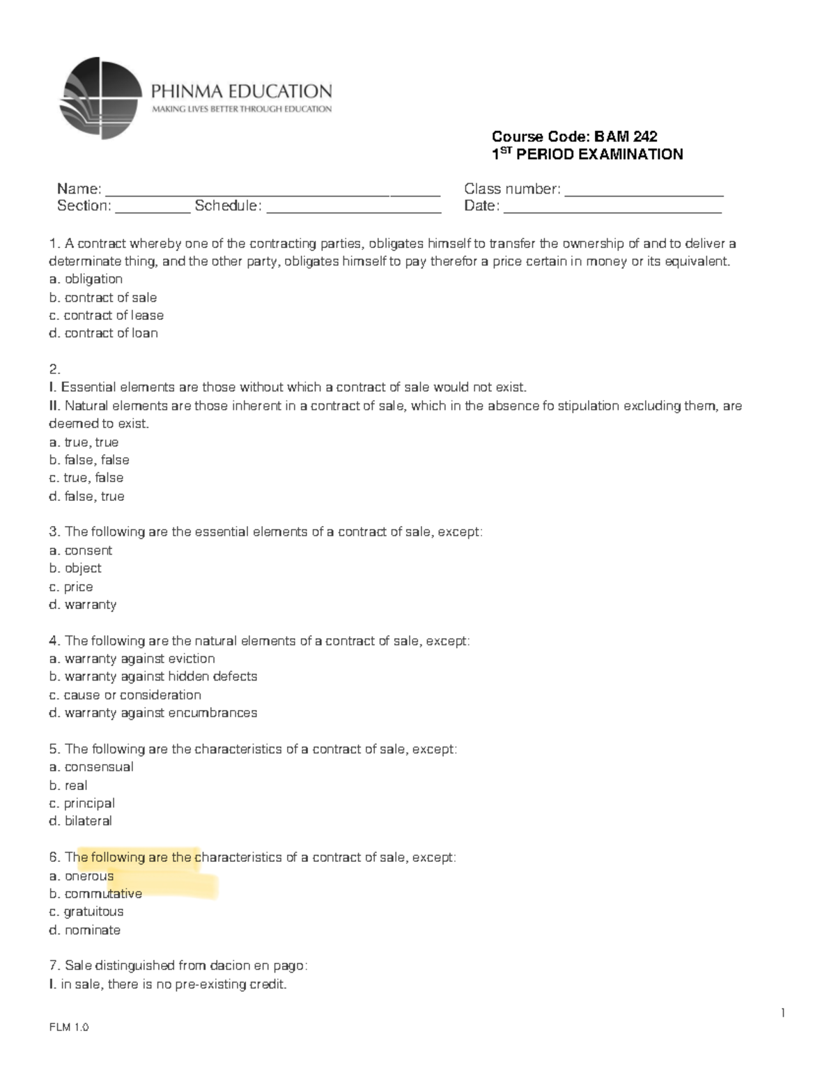 BAM 242 Prelim EXAM.pdf - 1 ST PERIOD EXAMINATION Name