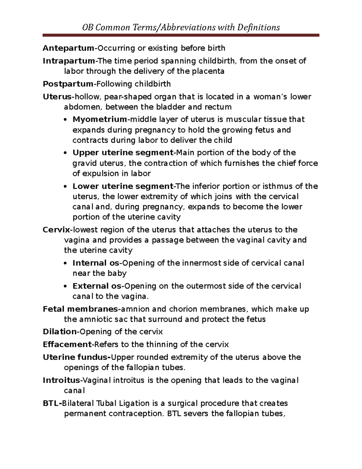 Common OB Terms definitions - HCM 2110 - WGU - Studocu