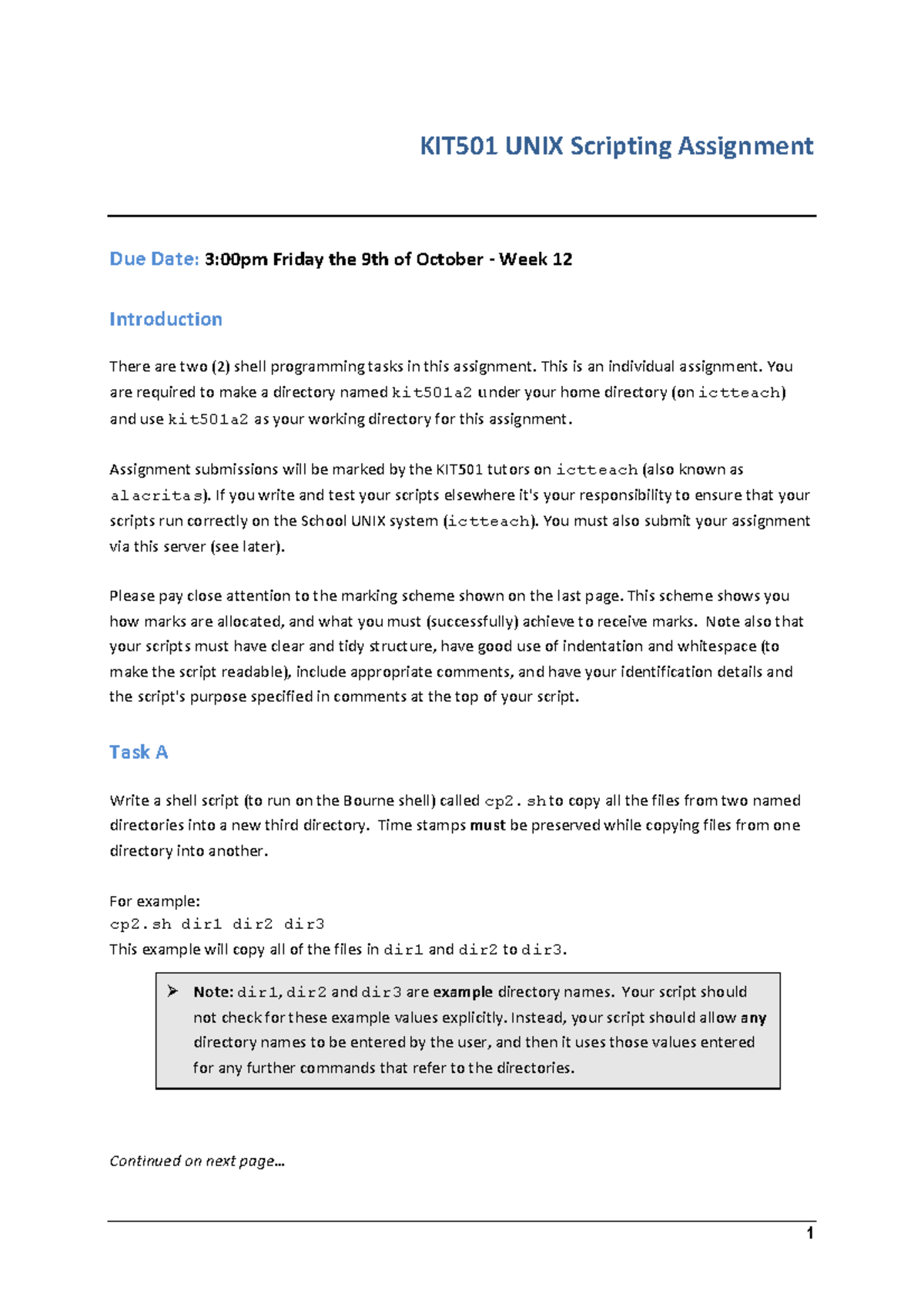 KIT501 Operating Systems Assignment - KIT501 U NIX Scripting Assignment Due Date: 3:00pm Friday ...