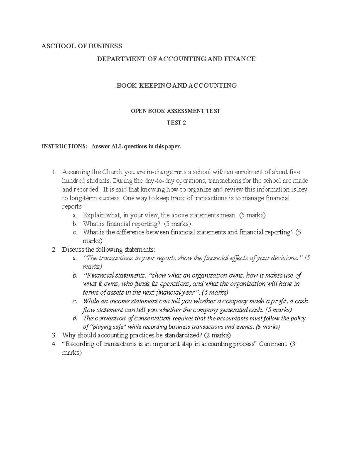 Assessment test 2 - inservice - ASCHOOL OF BUSINESS DEPARTMENT OF ...