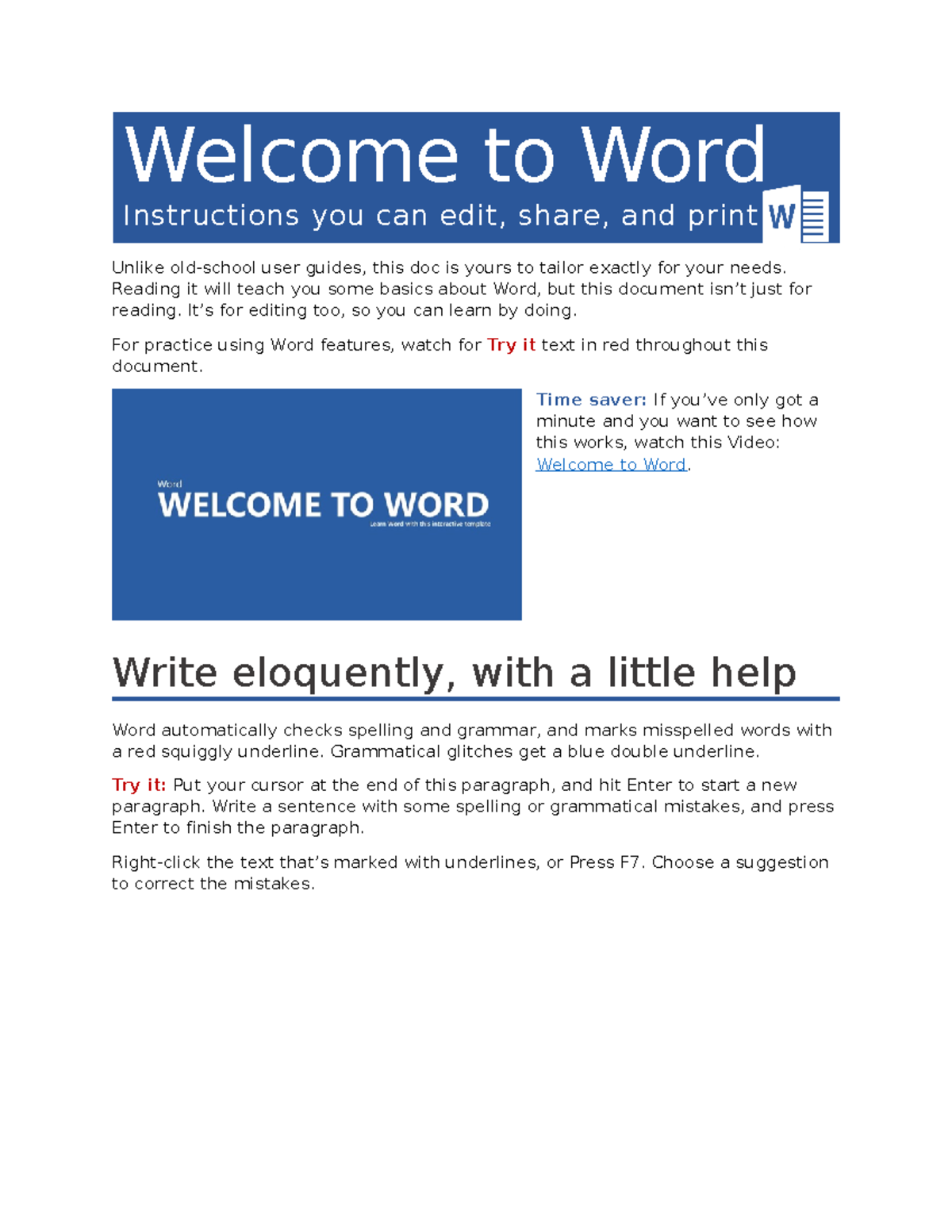 Welcome to Word - Welcome to Word Instructions you can edit, share, and ...