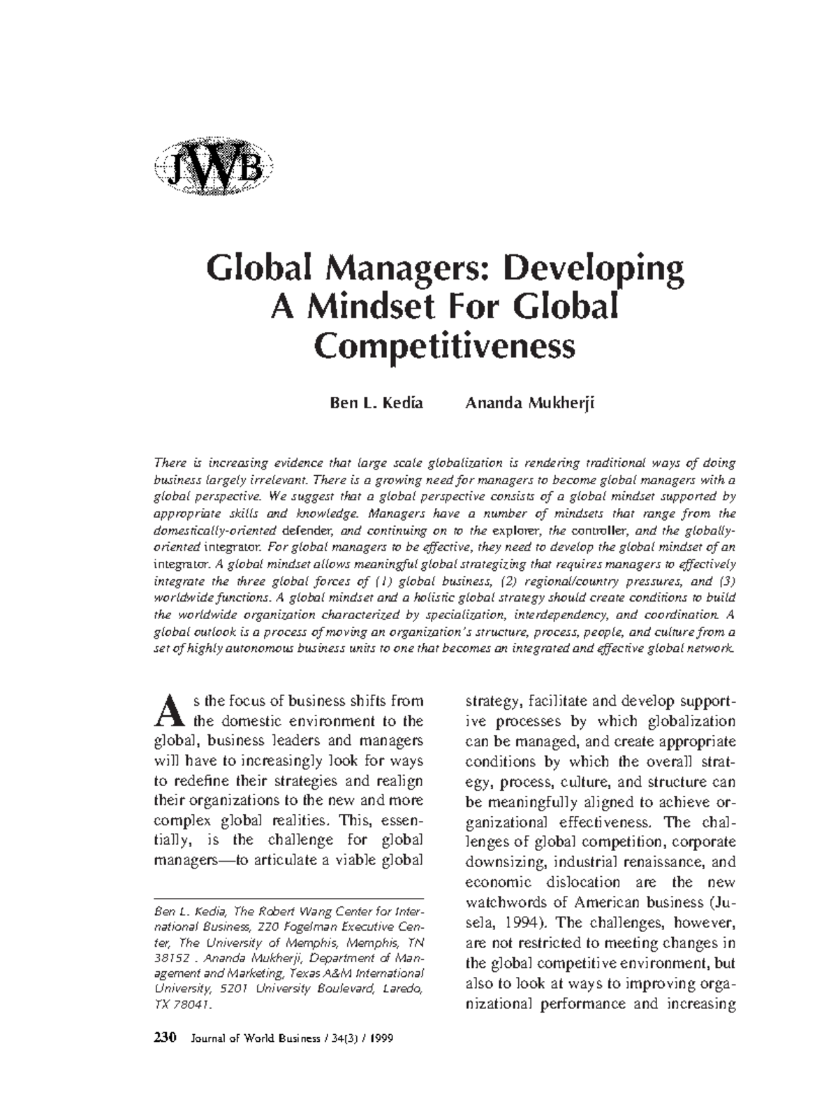 Global managers developing a mindset for global competitiveness 1 1999 ...