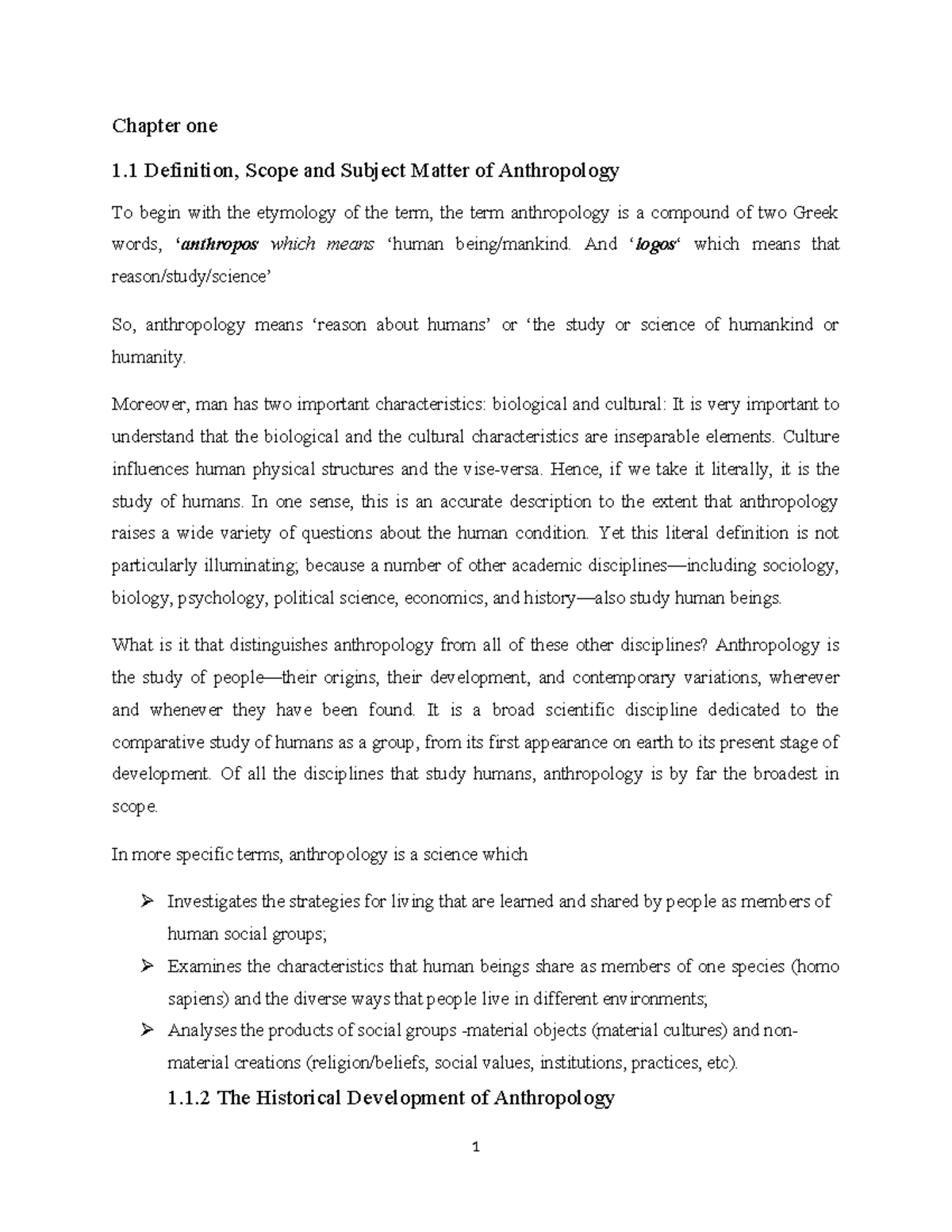 Hand out anthropology unit one - Chapter one 1 Definition, Scope and Subject Matter of ...