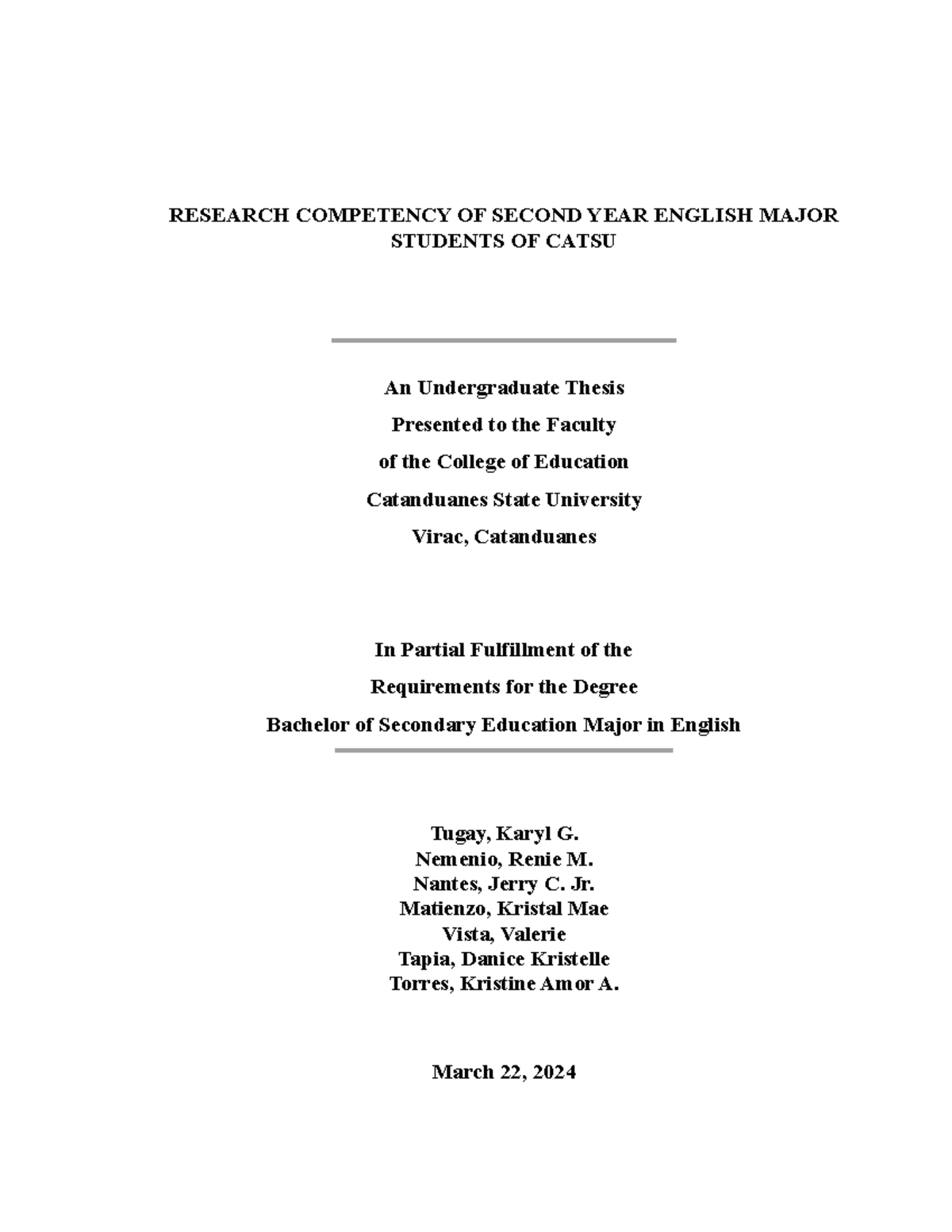Research Competency OF Second YEAR English Major Students OF Catsu ...