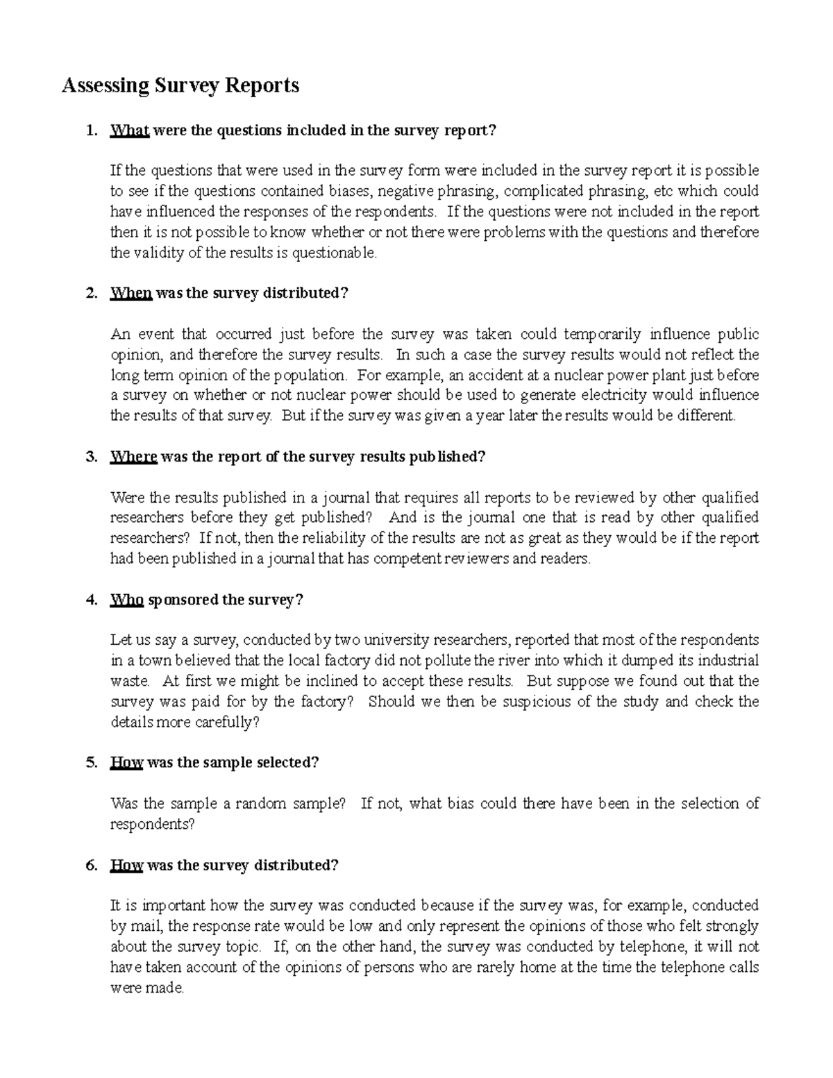 Assessing Survey Reports - Assessing Survey Reports What were the ...