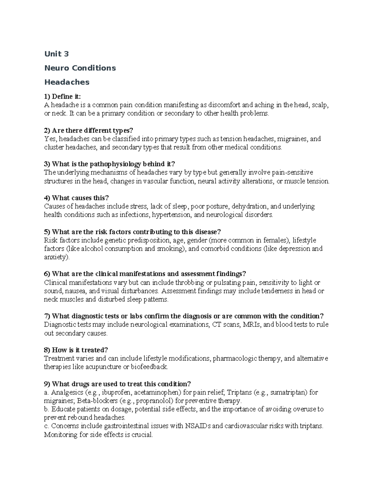 Study Guide questions for each type of condition - Units 3 & 4 - Unit 3 Neuro Conditions ...