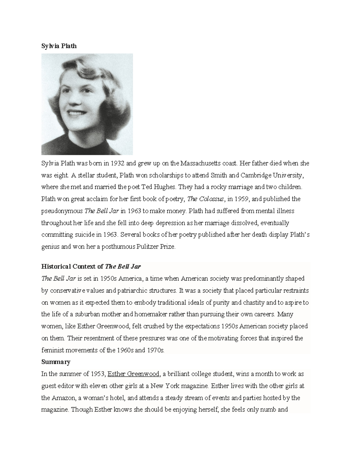 Bell jar - bell jar summary - Sylvia Plath Sylvia Plath was born in ...