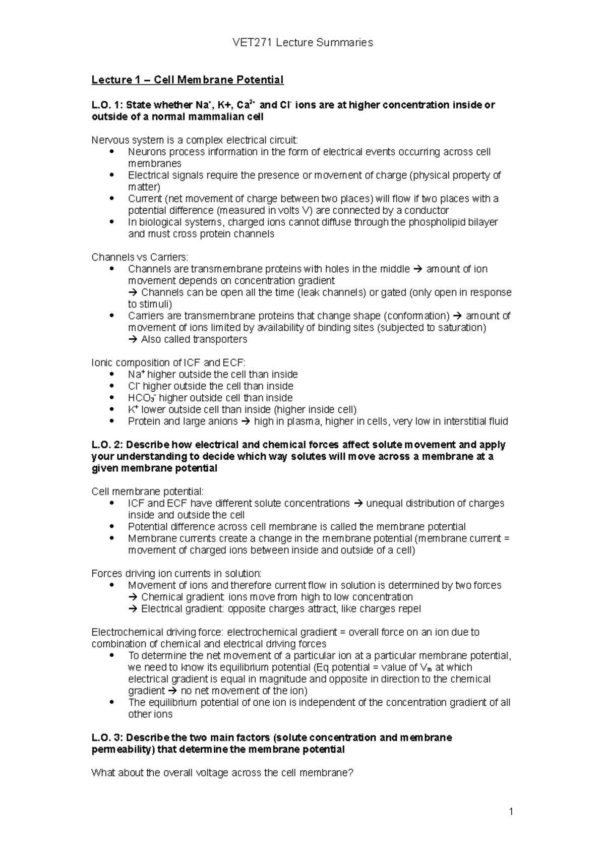 VET271 Lecture Summaries - Lecture 1 – Cell Membrane Potential L. 1: State whether Na+, K+, Ca2 ...
