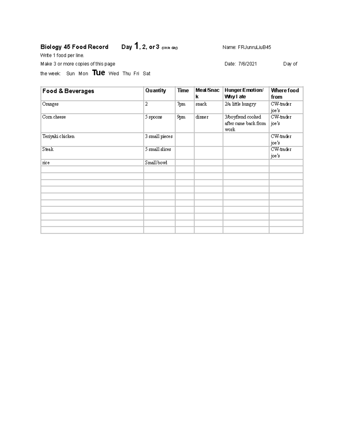 Food Record Part1 B 45 2021 Biology 45 Food Record Day 1 2 Or 3