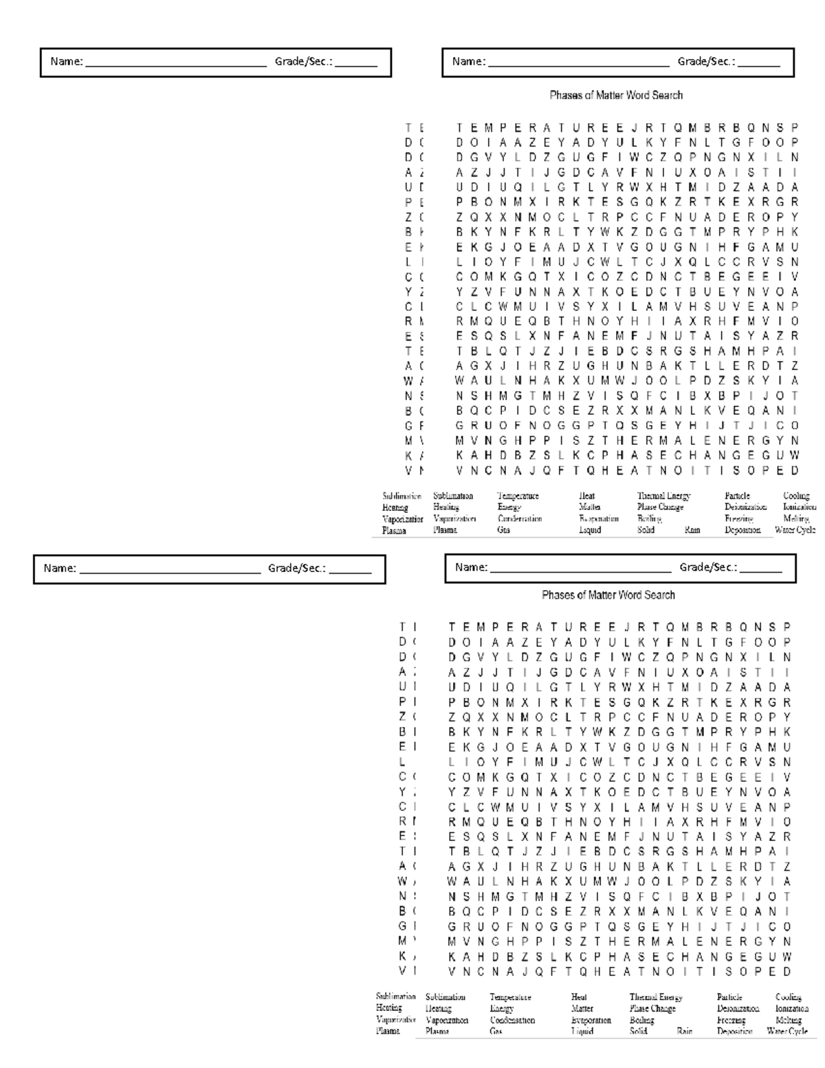Phase Change Wordsearch - BS Education - Name ...