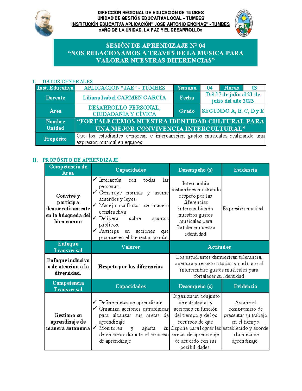 DPCC 2° SESIÓN N°04 DE LA UNIDAD 4 - UNIDAD DE GESTIÓN EDUCATIVA LOCAL – TUMBES INSTITUCIÓN ...
