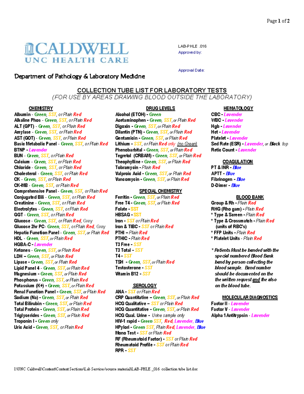 Lab collection tube list - Page 1 of 2 I:\UNC Caldwell\Content\Content ...