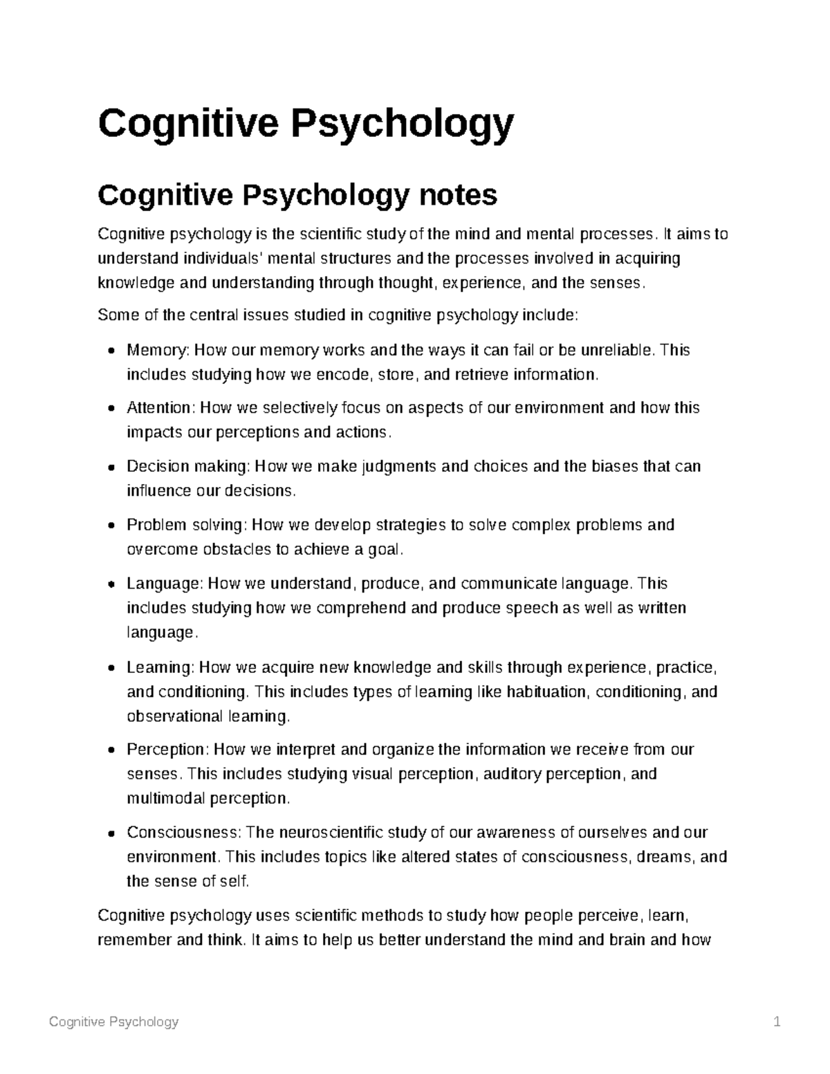 Cognitive Psychology - In class notes - Cognitive Psychology Cognitive ...