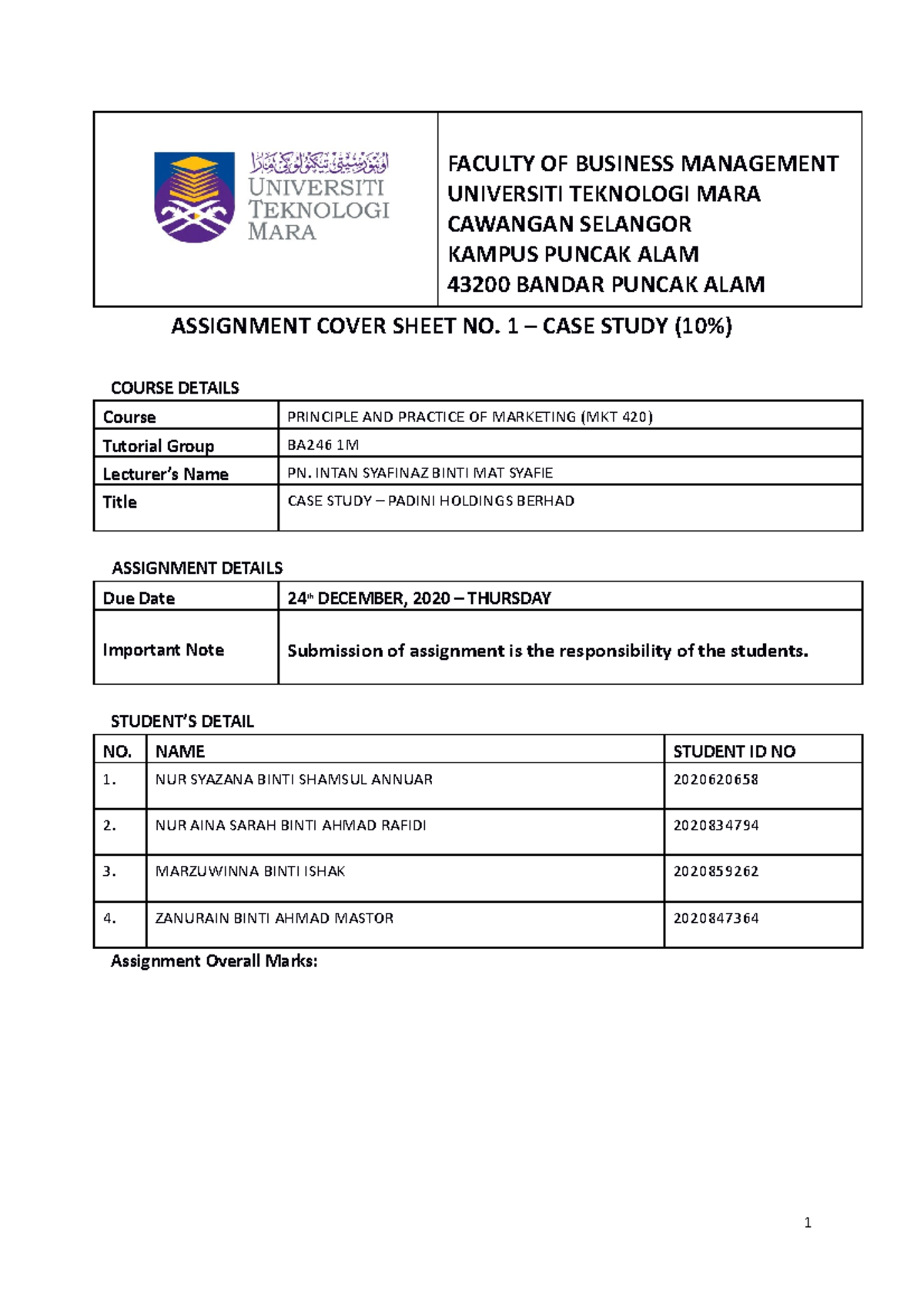 case study tutorial - ASSIGNMENT COVER SHEET NO. 1 – CASE STUDY (10%) COURSE DETAILS Course ...