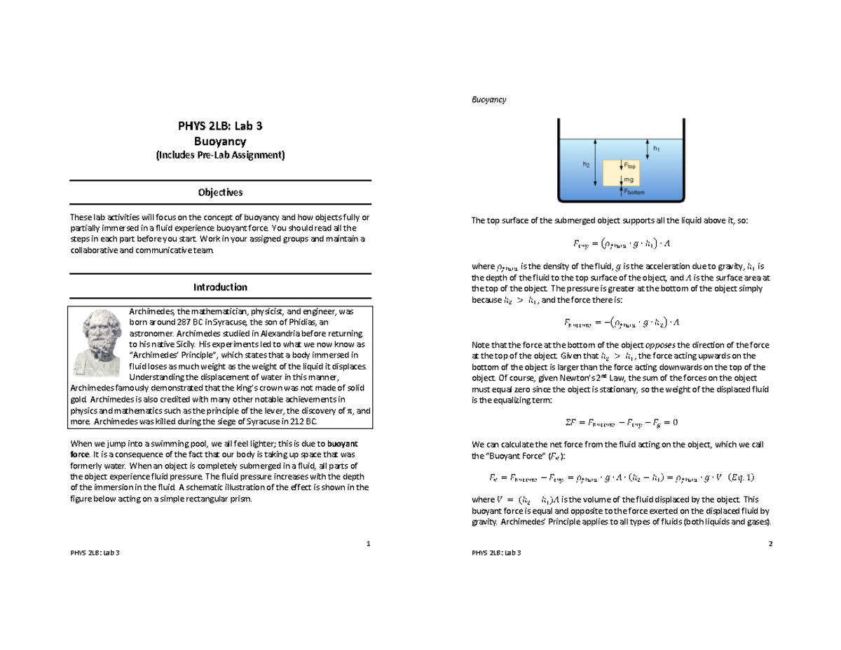 Lab 3 - Buoyancy - lab - 1 PHYS 2LB: Lab 3 Buoyancy (Includes Pre-Lab ...