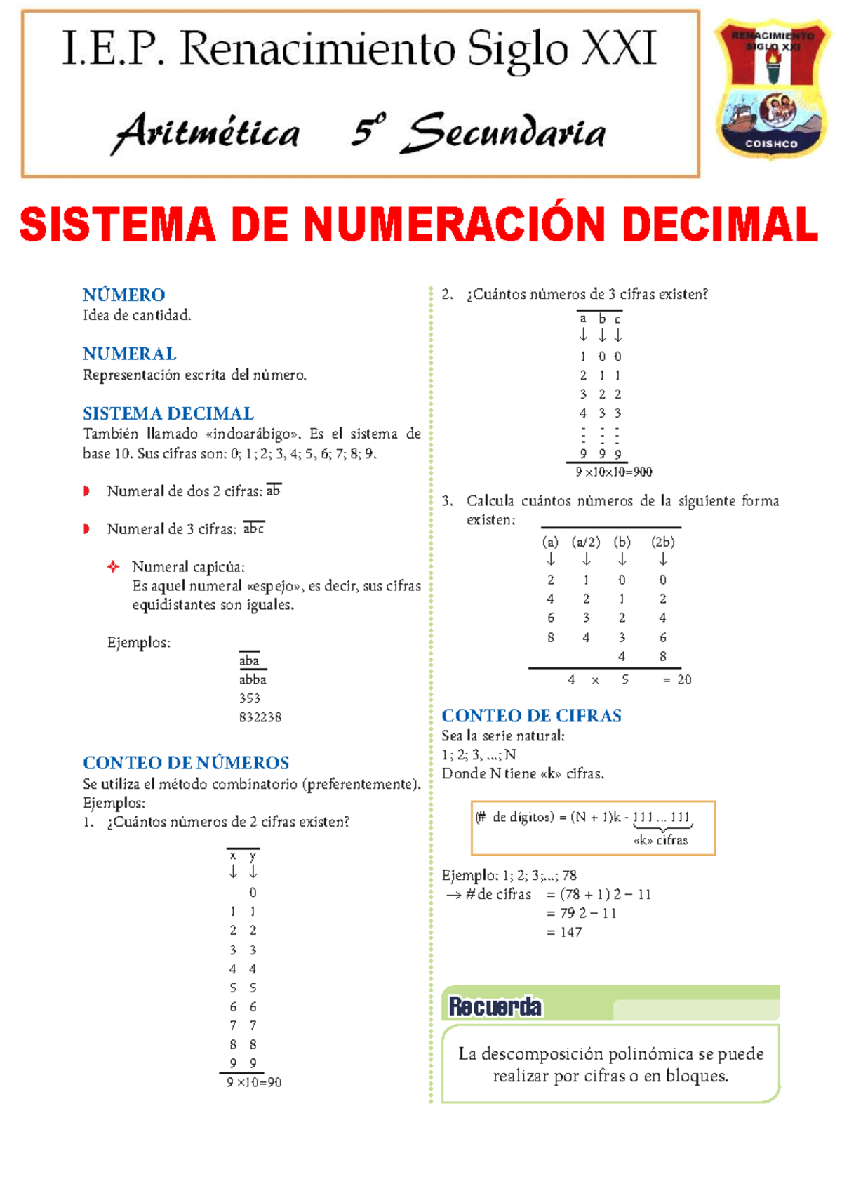 Sesion Nº 3 Aritmetica sistema de numeracion decimal quinto - NÚMERO ...