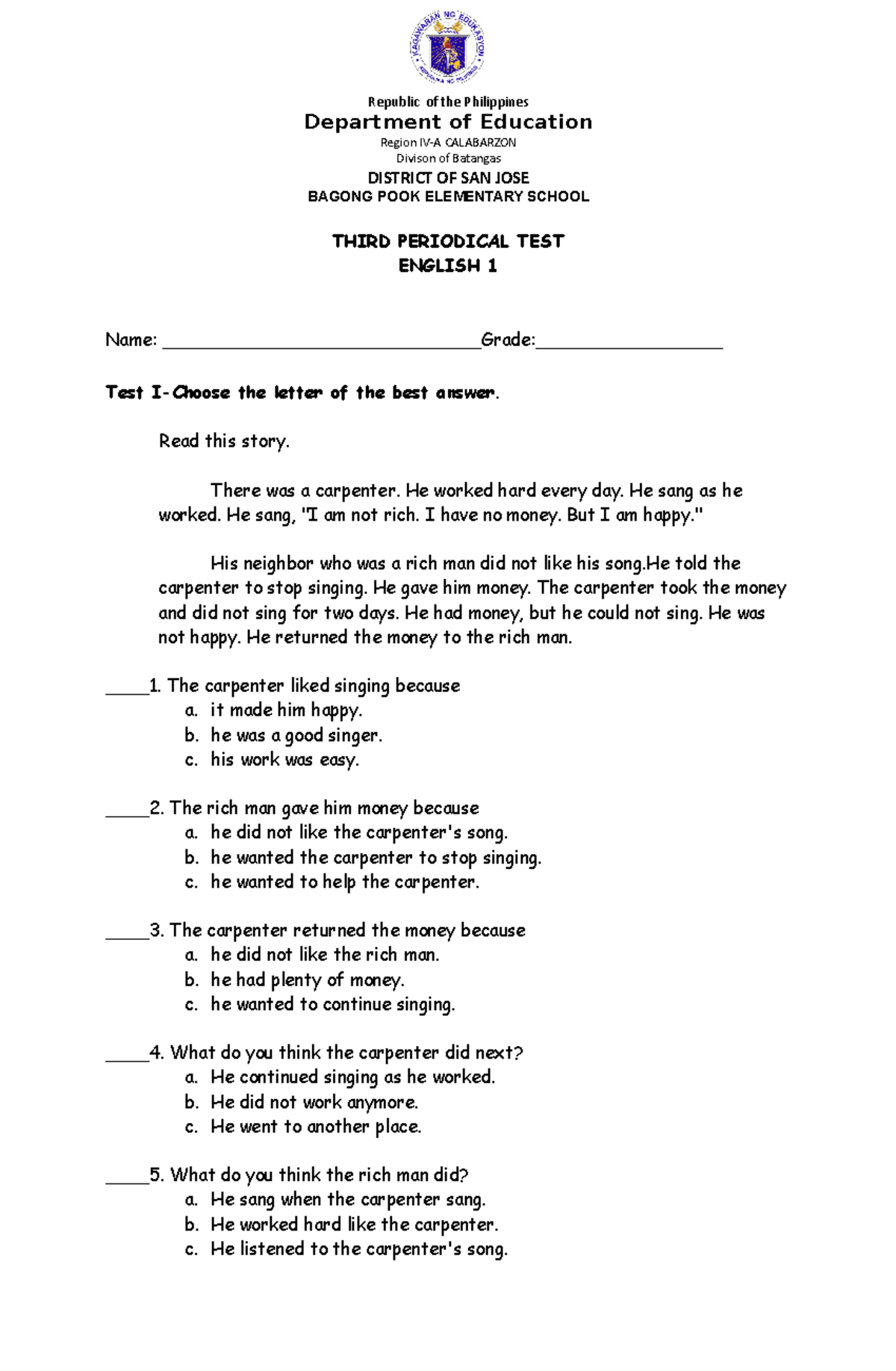 English Third Periodical TEST - Department of Education Region IV-A ...