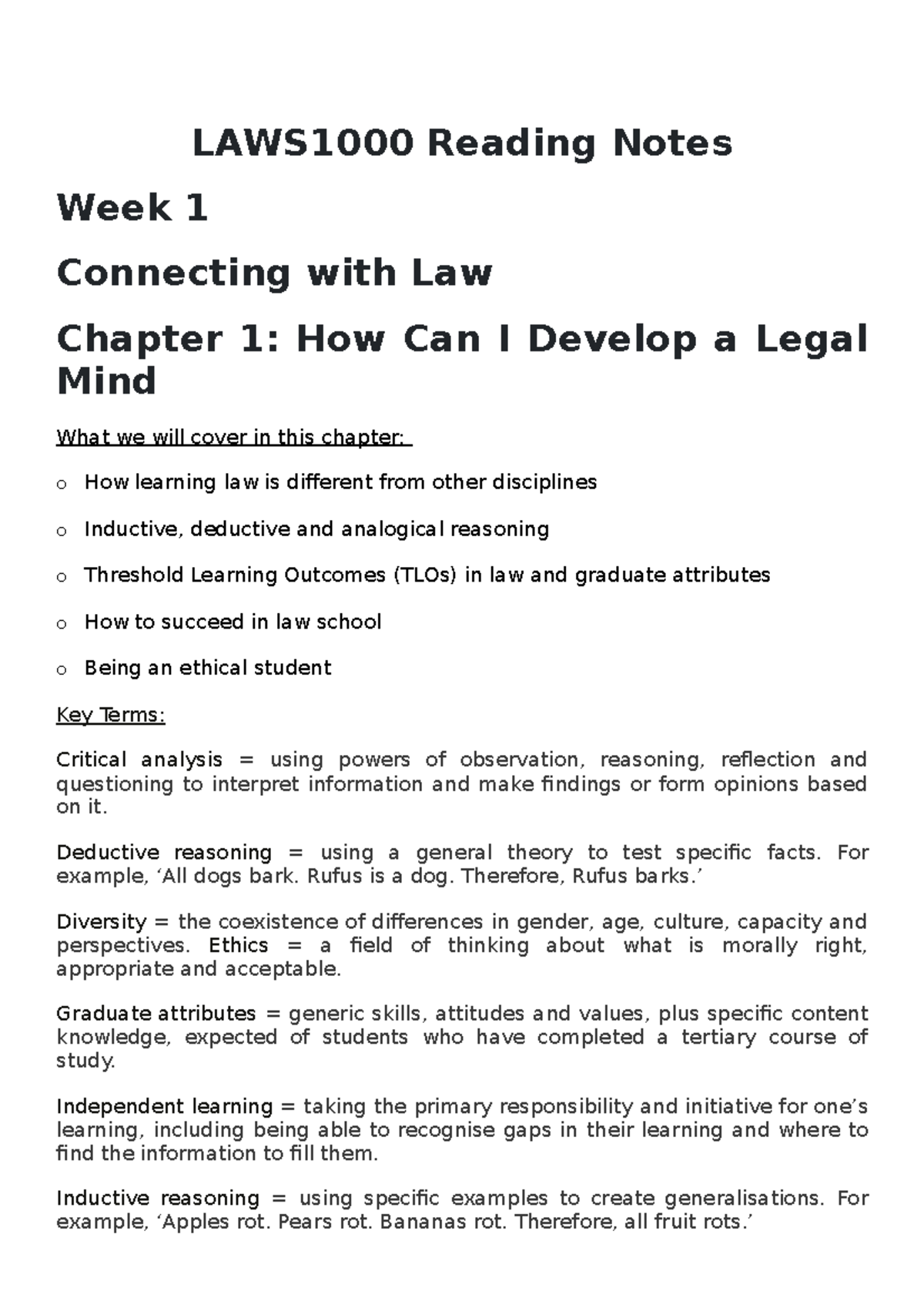 LAWS1000 Reading Notes copy - LAWS1000 Reading Notes Week 1 Connecting ...