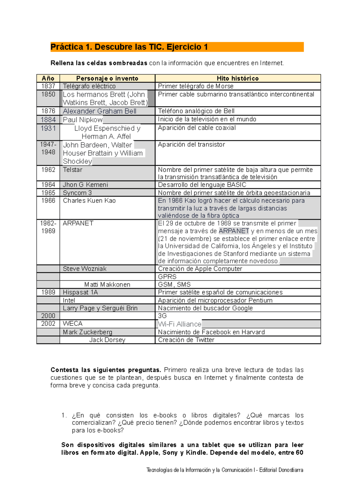 P1 E1 elenavictoria - Práctica 1. Descubre las TIC. Ejercicio 1 Rellena las celdas sombreadas ...