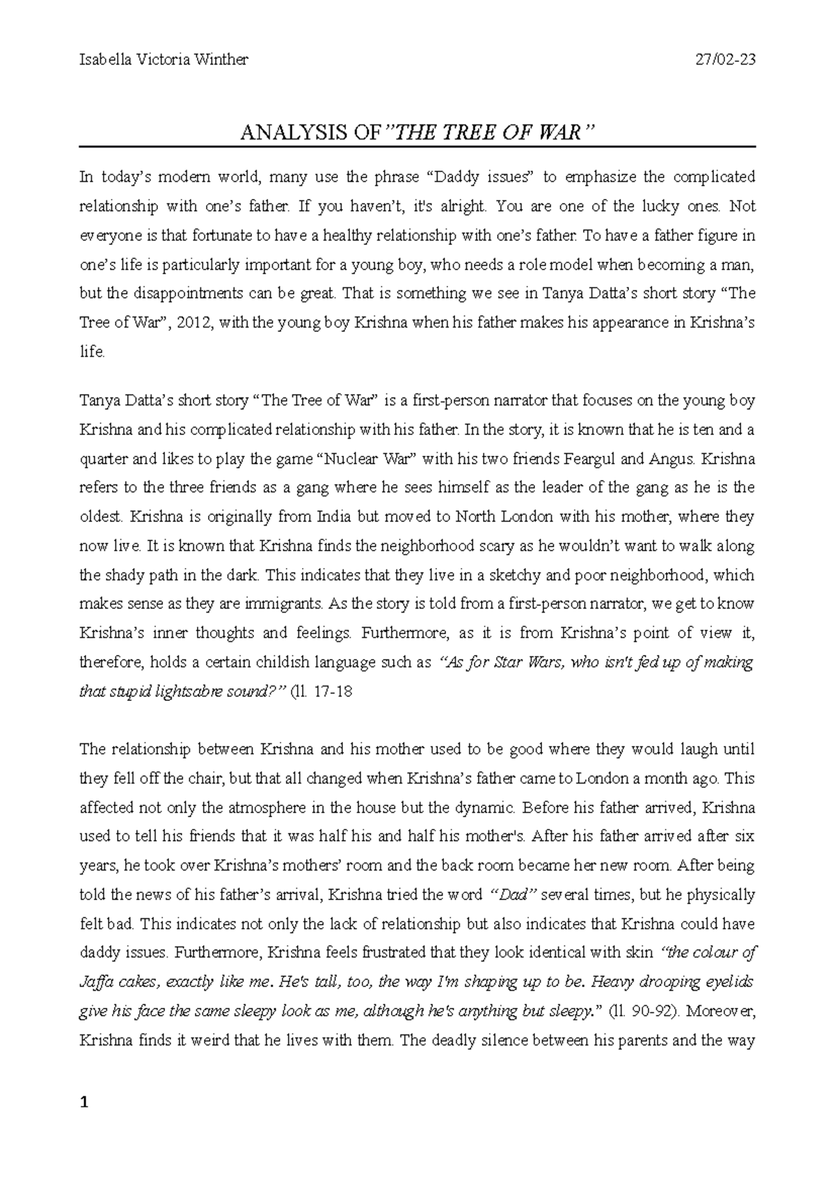 Analysis OF”THE TREE OF WAR” - Isabella Victoria Winther 27/02 ...