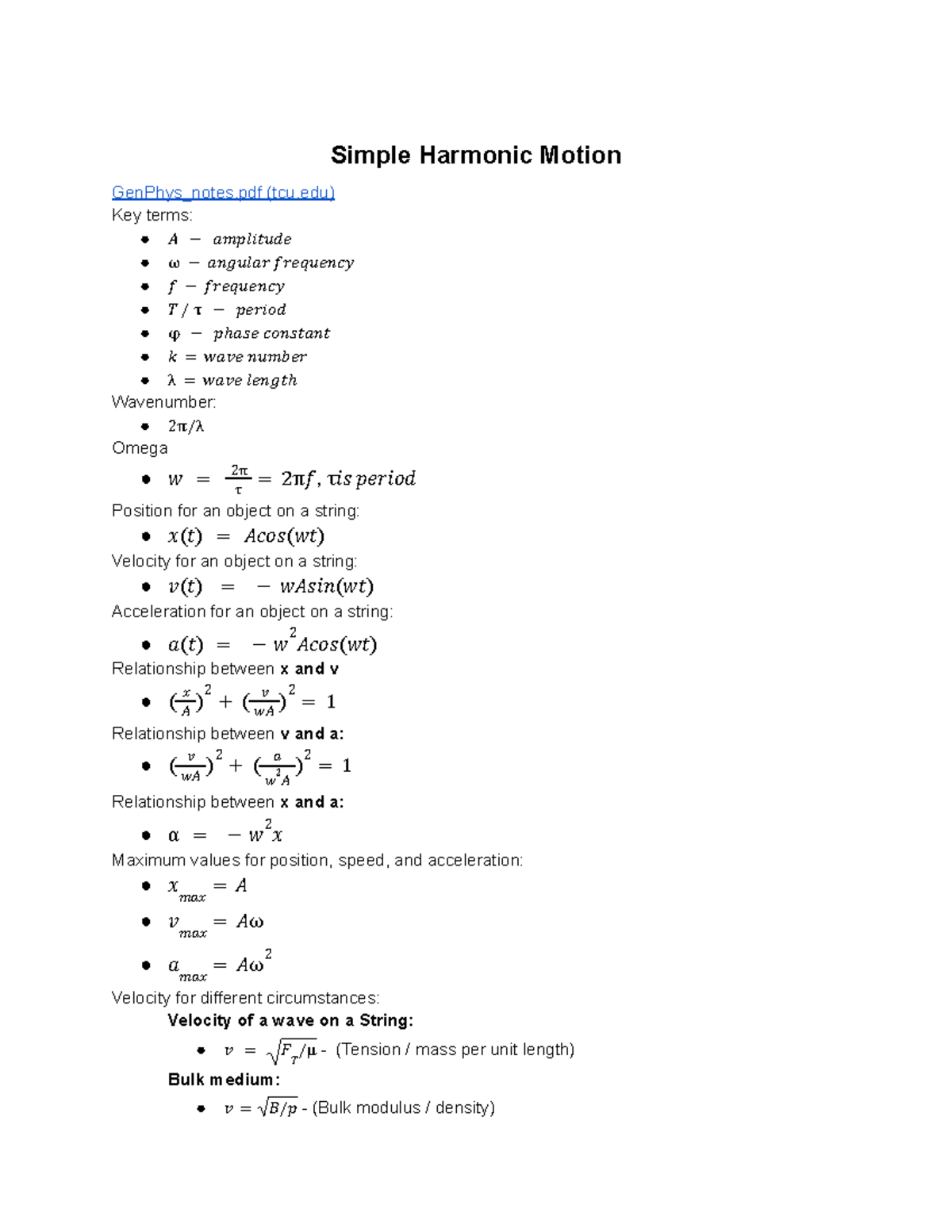 PHY 131 Final Review Sheet - Simple Harmonic Motion GenPhys_notes (tcu ...