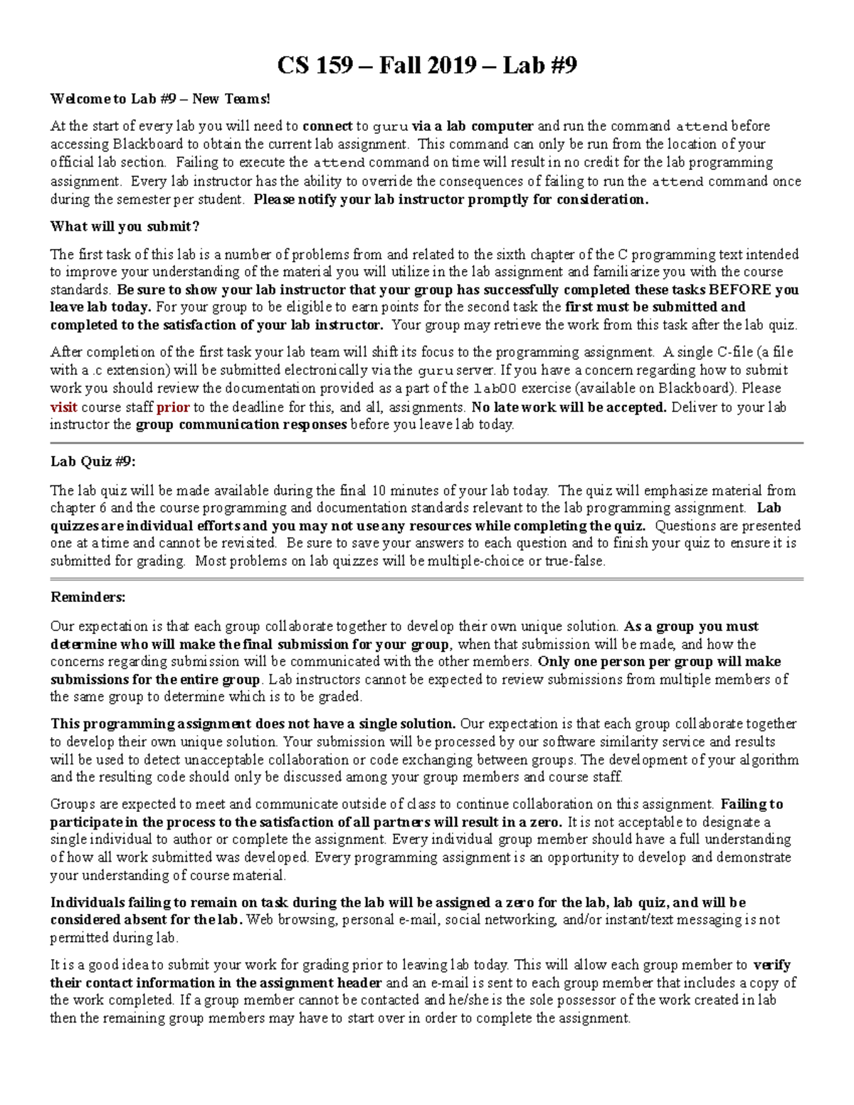 Lab09 - lab - CS 159 – Fall 2019 – Lab Welcome to Lab #9 – New Teams! At the start of every lab ...