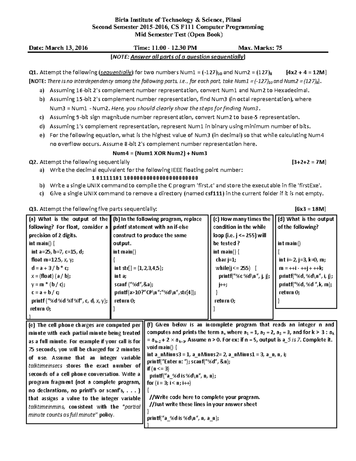 CS F111 1008 T1 2015 2 - COMPRE - Computer Programming - BITS Pilani - Studocu