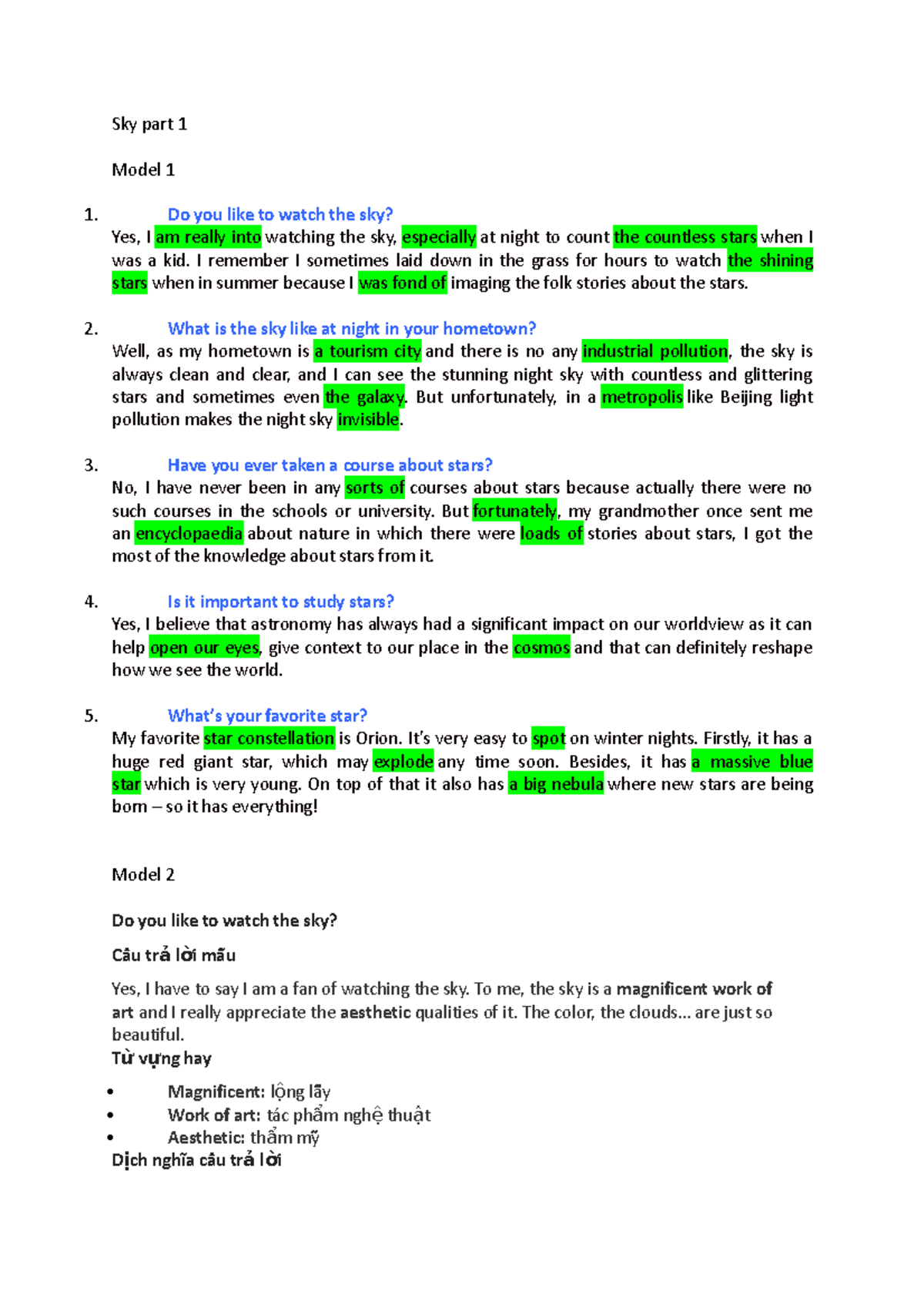 Sky-part-1 - Ielts speaking - Sky part 1 Model 1 Do you like to watch ...