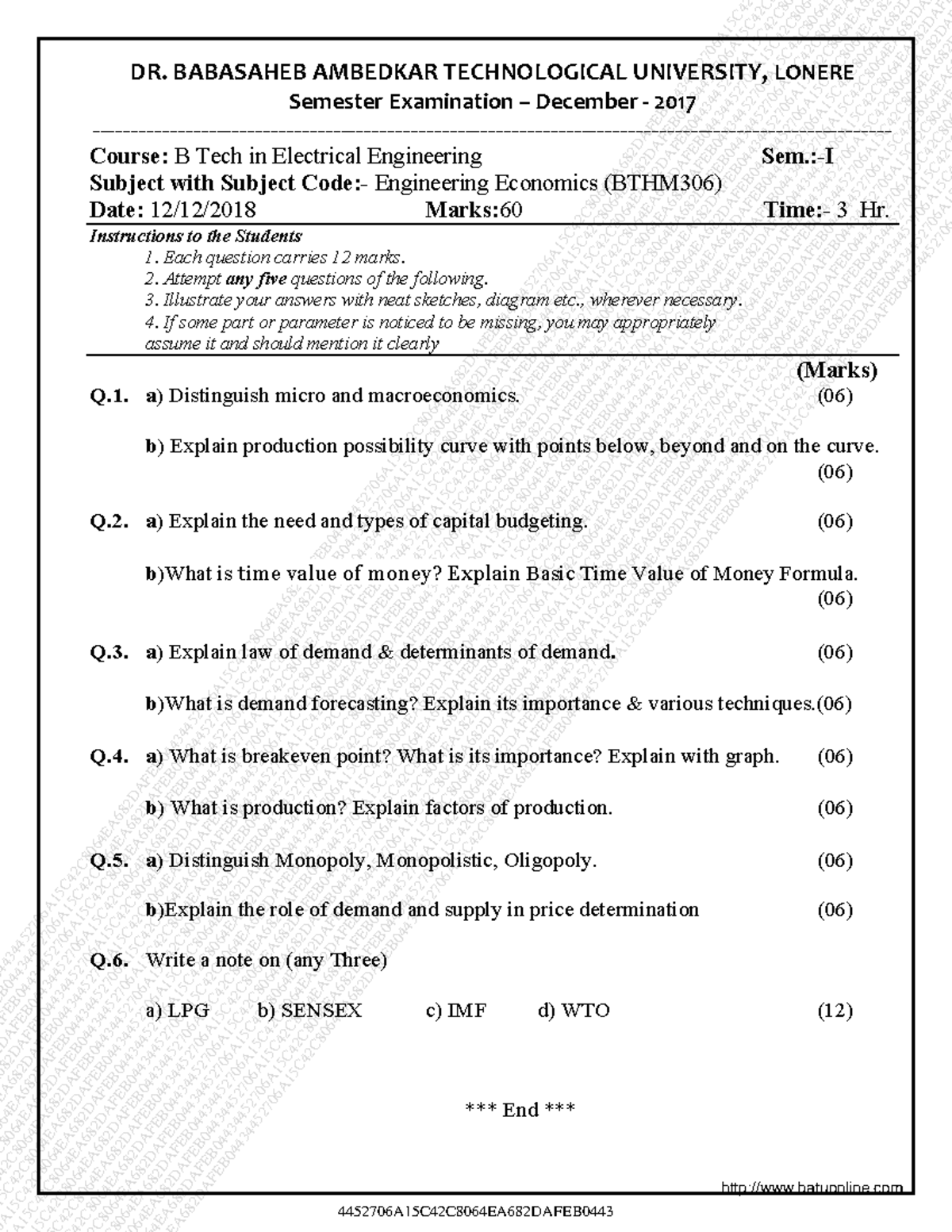 Btech 1 year engineering economics bthm306 dec 2018 - DR. BABASAHEB ...