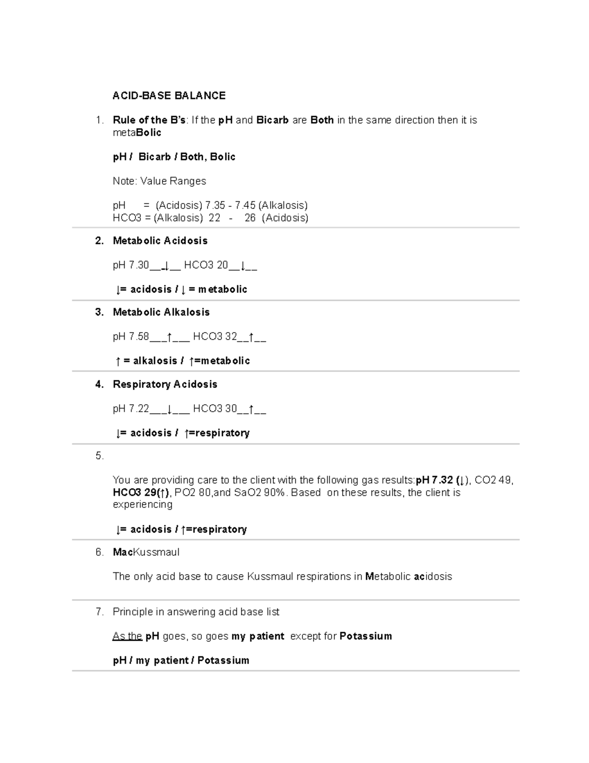 ACID BASE Balance Notes - ACID-BASE BALANCE Rule of the B’s : If the pH ...