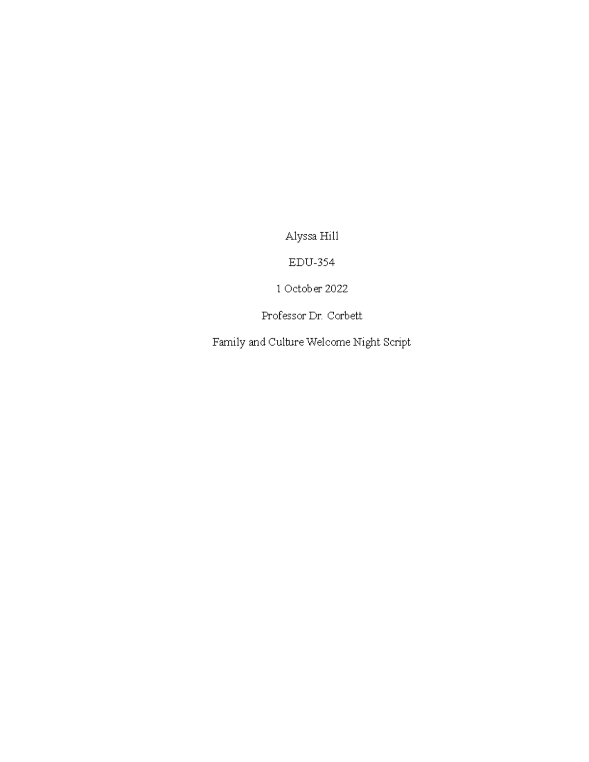 Family and Culture Welcome Night Script - Alyssa Hill EDU- 1 October ...