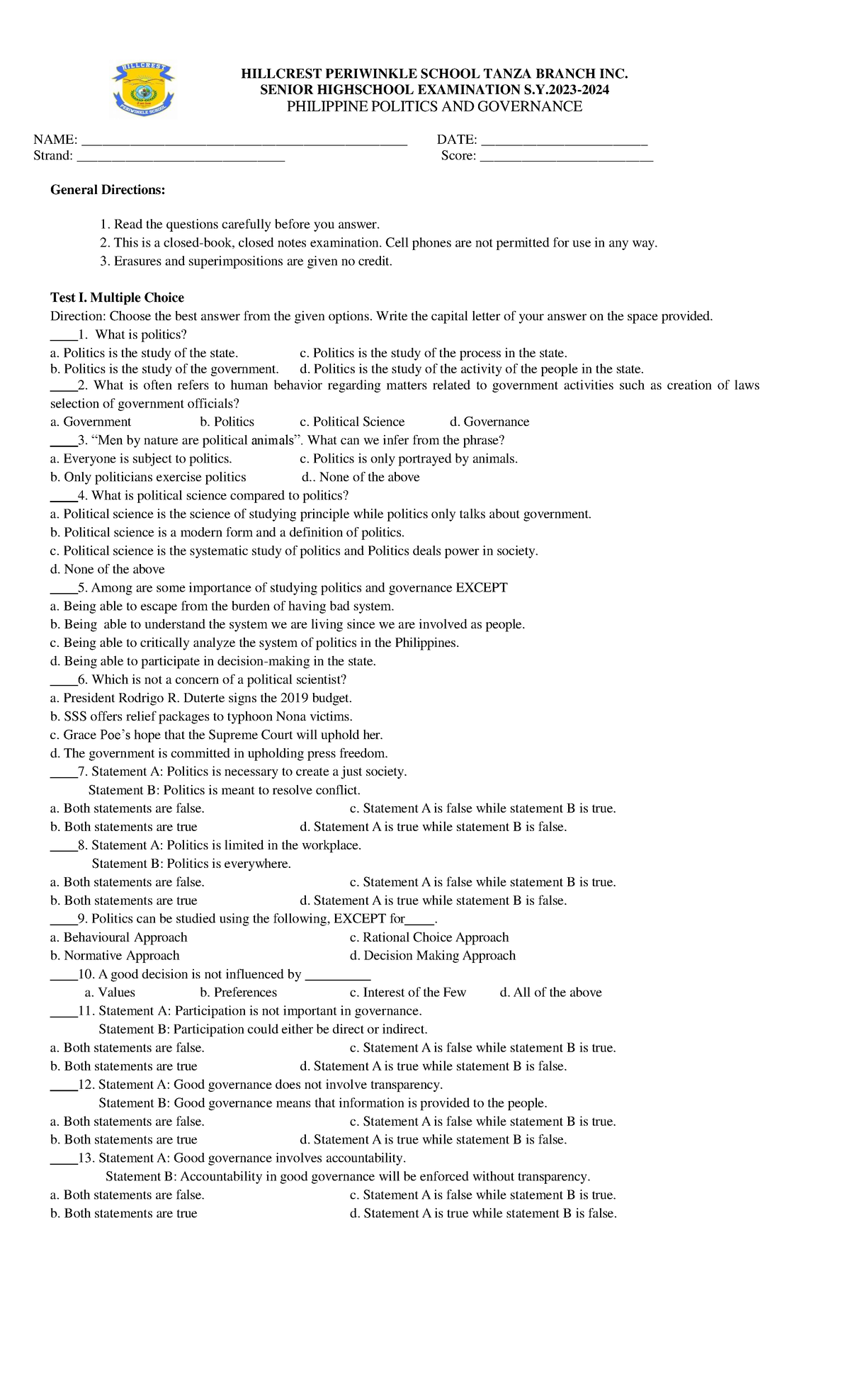 Philippine-politics-and-governance-prelim-exam - HILLCREST PERIWINKLE SCHOOL TANZA BRANCH INC ...