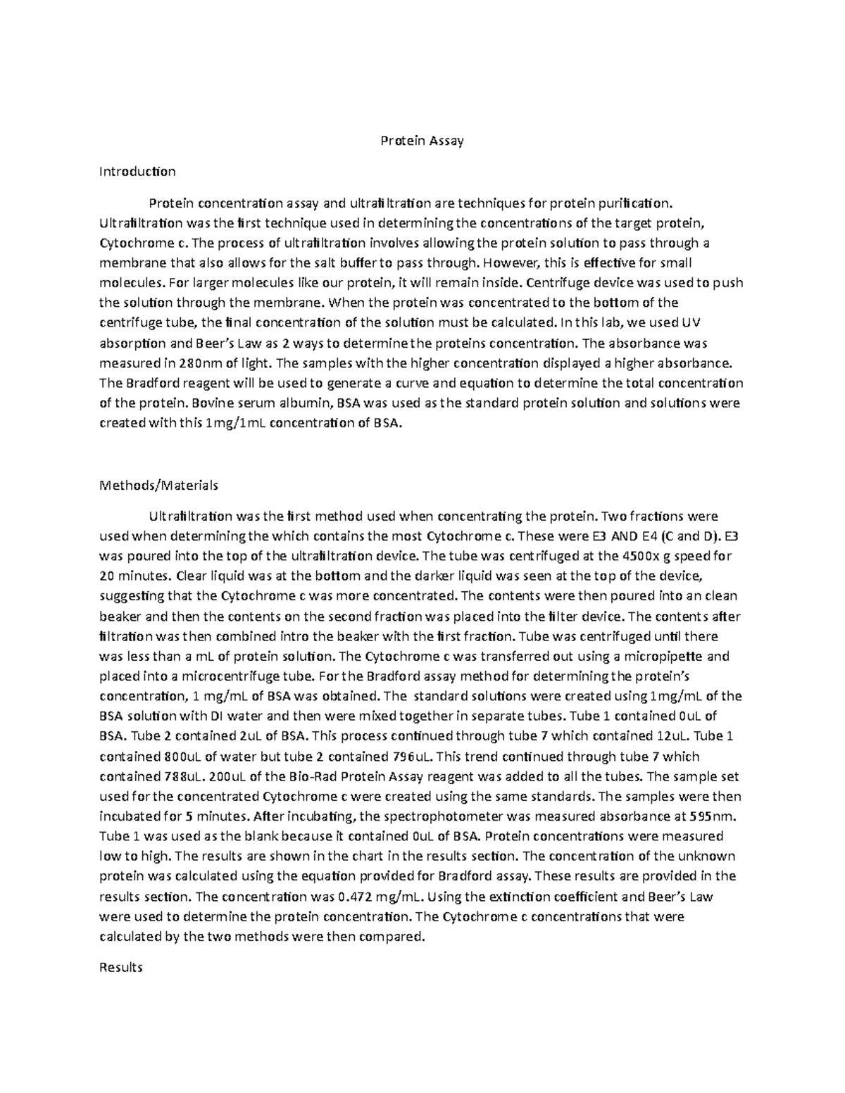 Protein Concentration lab report - Protein Assay Introduction Protein ...