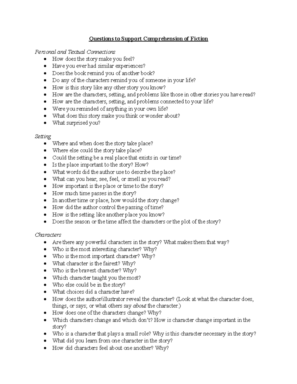 Questionstosupportcomprehension - Questions to Support Comprehension of ...