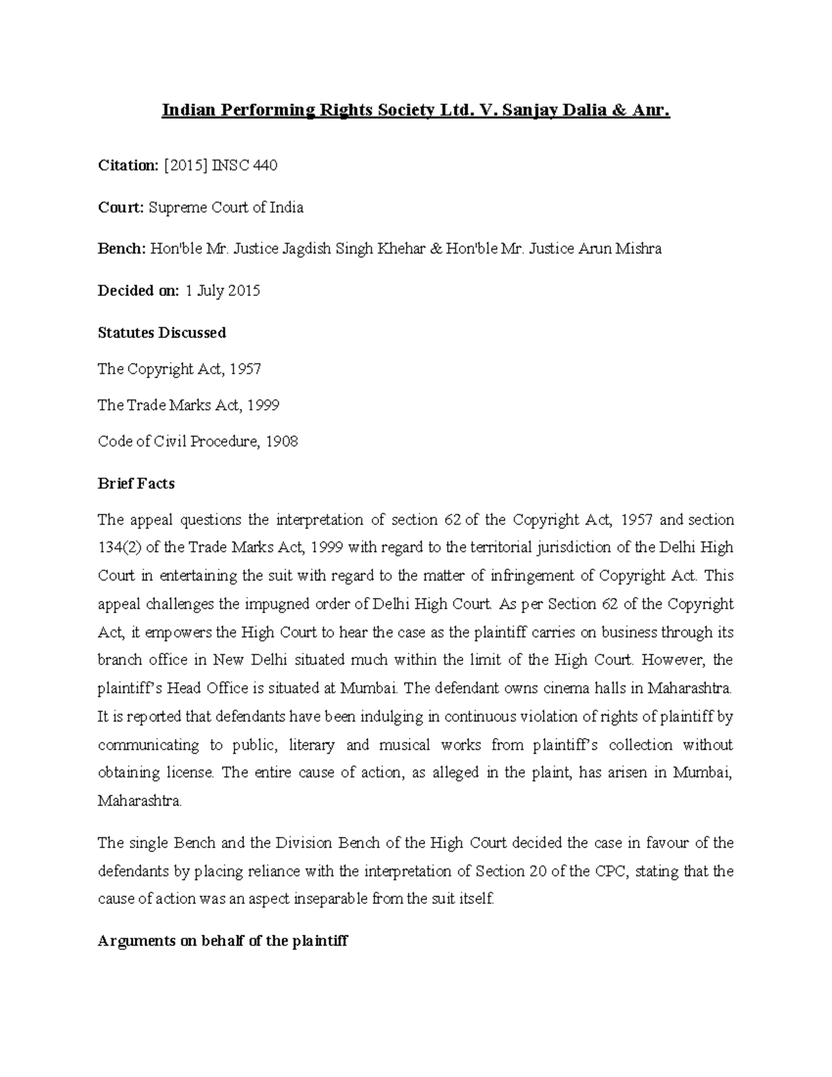 IPRS Case - IPRS case - Indian Performing Rights Society Ltd. V. Sanjay ...