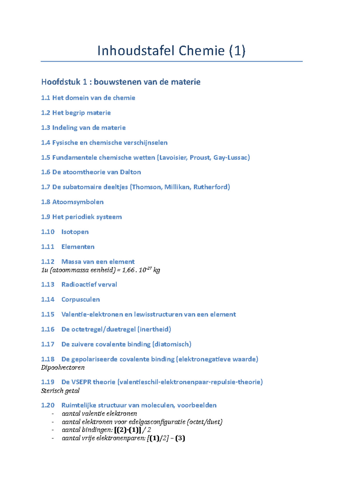 Inhoudstafel Chemie - kort samengevat - Inhoudstafel Chemie (1 ...