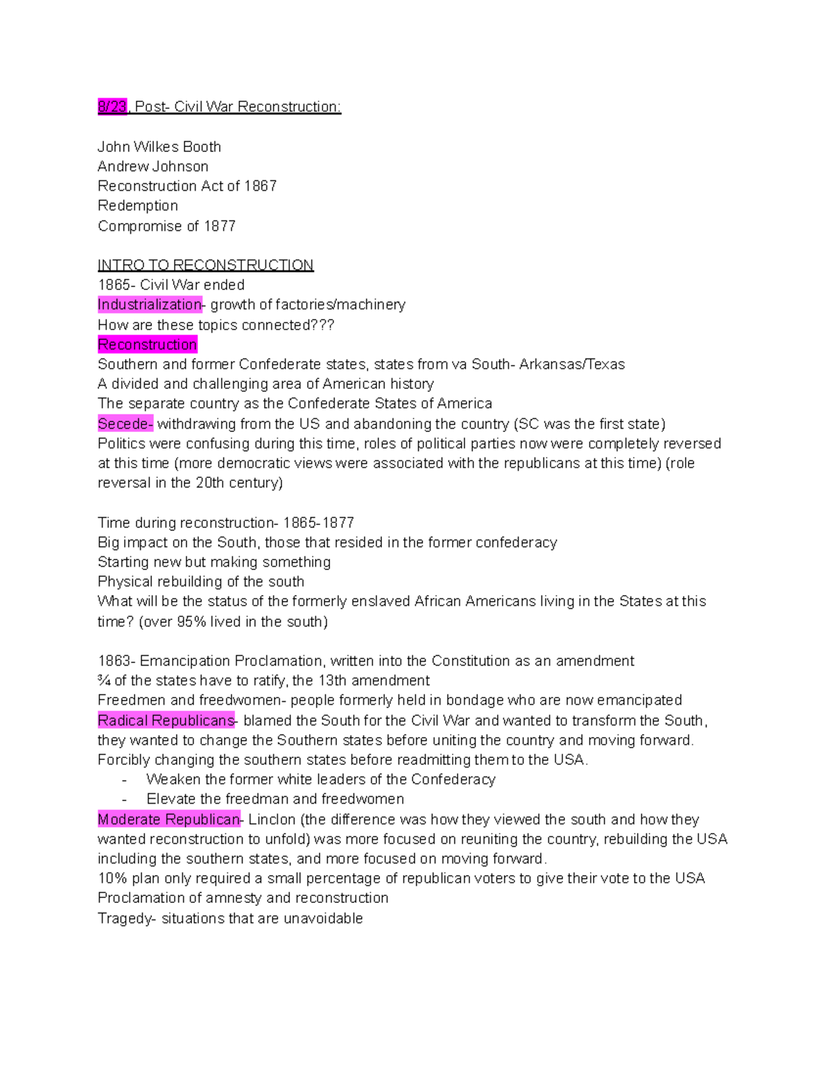 HIST104 Notes- EXAM 1 - all classes for exam one - 8/23, Post- Civil ...