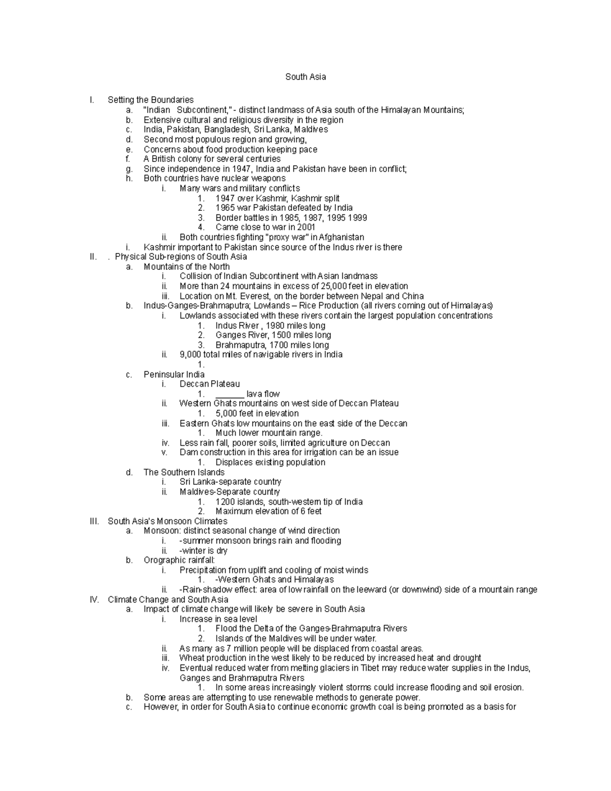 South Asia Notes - South Asia I. Setting the Boundaries a. “Indian ...