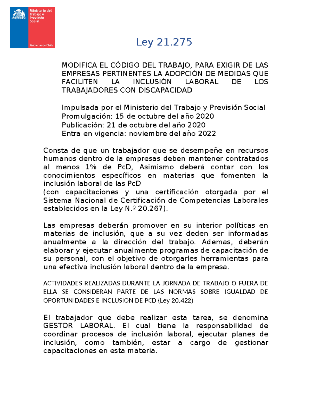 Ley 21.275 resumen - Ley 21. MODIFICA EL CÓDIGO DEL TRABAJO, PARA ...