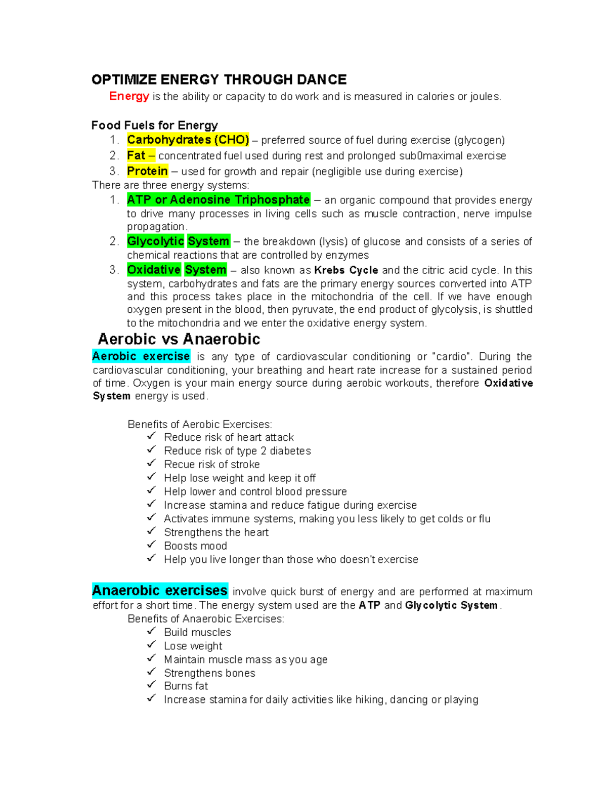 Optimize Energy Through Dance FACT Sheets - OPTIMIZE ENERGY THROUGH DANCE Energy is the ability ...