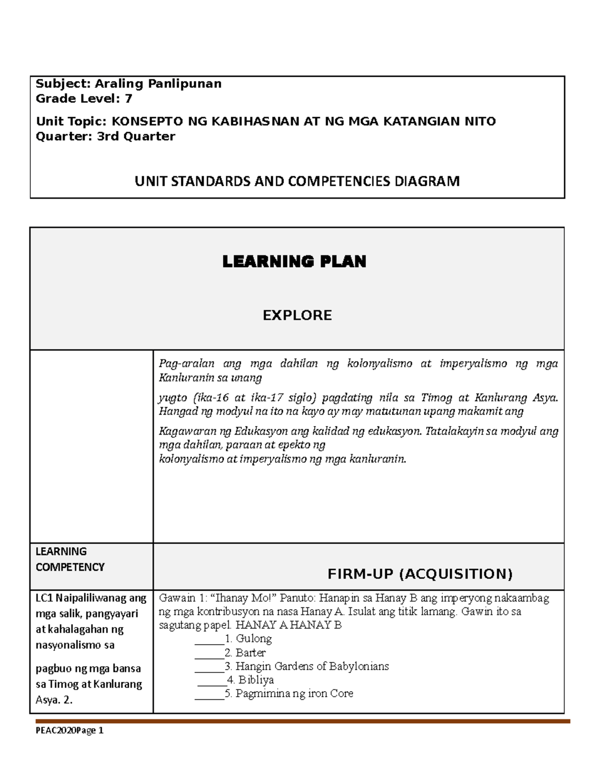 Learning Plan-AP 7 3rd Quarter - Subject: Araling Panlipunan Grade ...